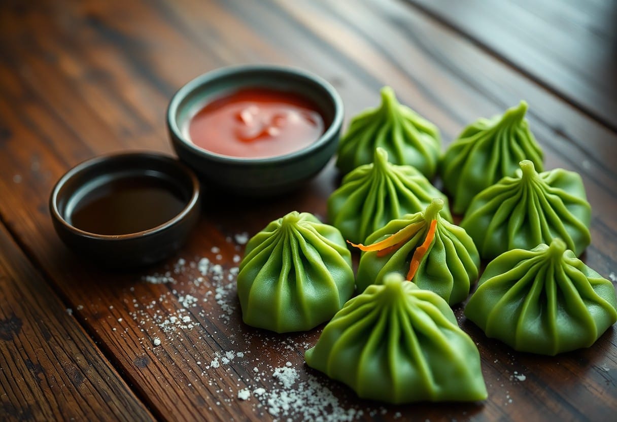 Ravioli cinesi jiaozi veg con impasto al matcha